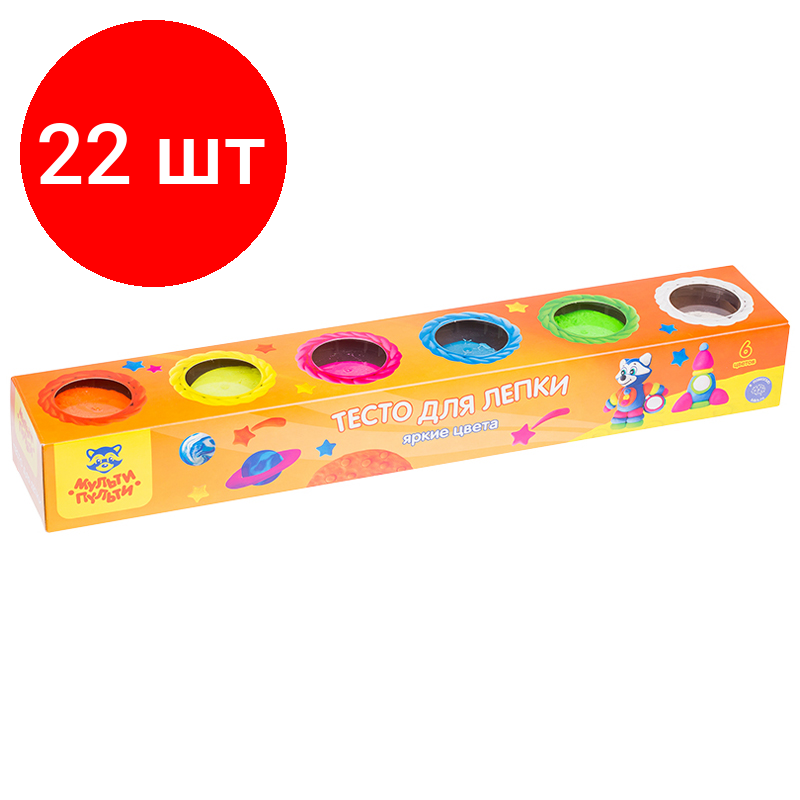 Комплект 22 шт, Тесто для лепки Мульти-Пульти "Енот на Луне", 06 цветов*90г, неоновые цвета, картон