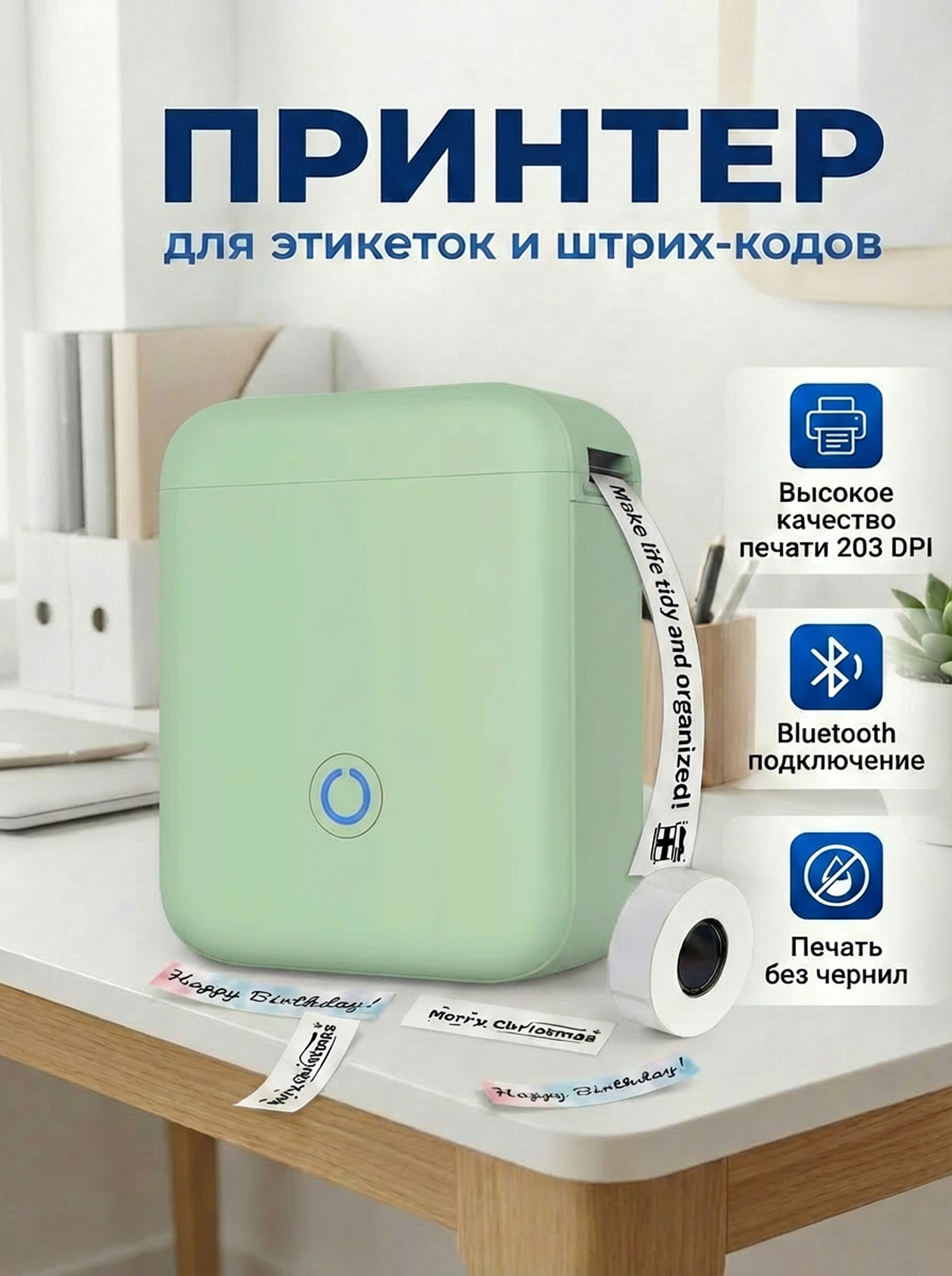 Термопринтер для печати этикеток, штрих-кодов с Bluetooth для смартфона
