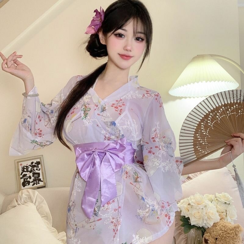 Японский стиль прозрачное кимоно с цветами сакуры, сладкая ночная сорочка, сексуальное чистое желание, ночная сорочка с бантом, японский набор для девочек