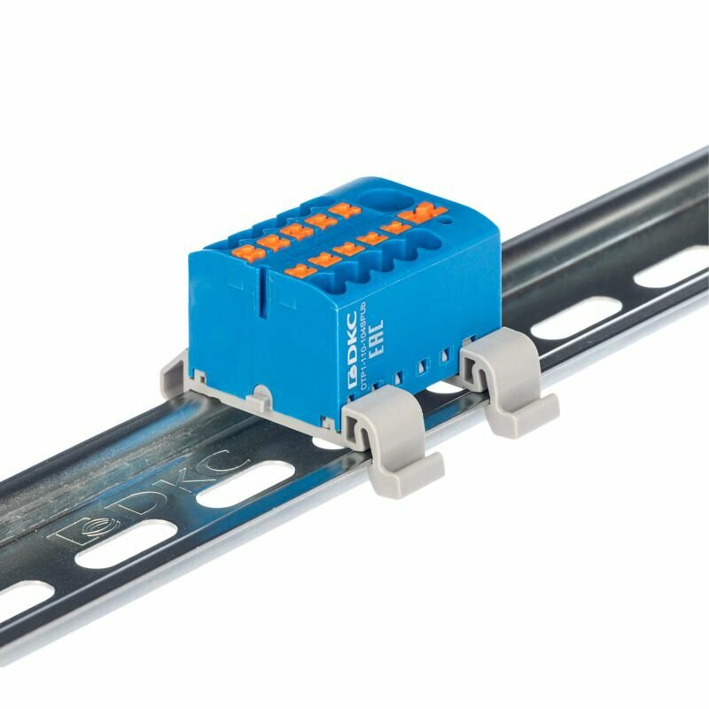 Блок распределительный с горизонт. адаптером на рейку шир. 35мм зажим push-in 1 ввод 6кв. мм 10 точек подключения 2.5кв. мм син, DKC DTP1-110-104SPUB-H (1 шт.)