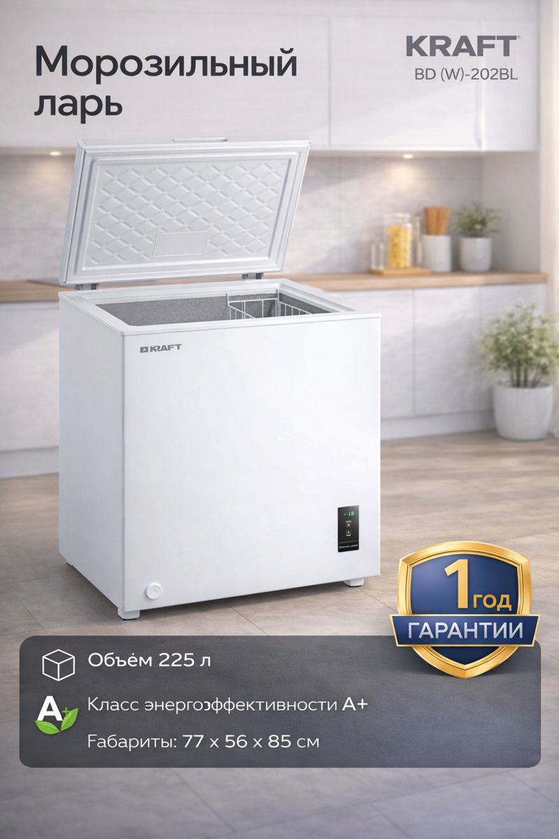 Морозильный ларь Kraft BD (W)-202BL, Объем 225л, Класс энергоэффективности А+, Суперзаморозка, Белый