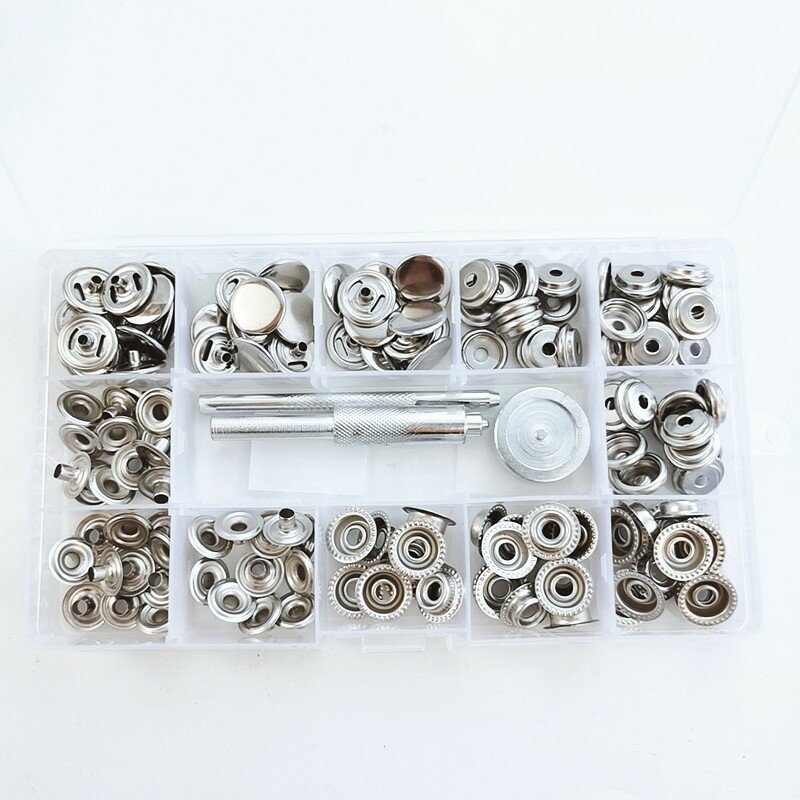 Горячая распродажа148 штук набор кнопок из нержавеющей стали, большие белые кнопки, четырехкомпонентные кнопки для кожаной одежды, скрытые кнопки с набором инструментов для кросс-бордер