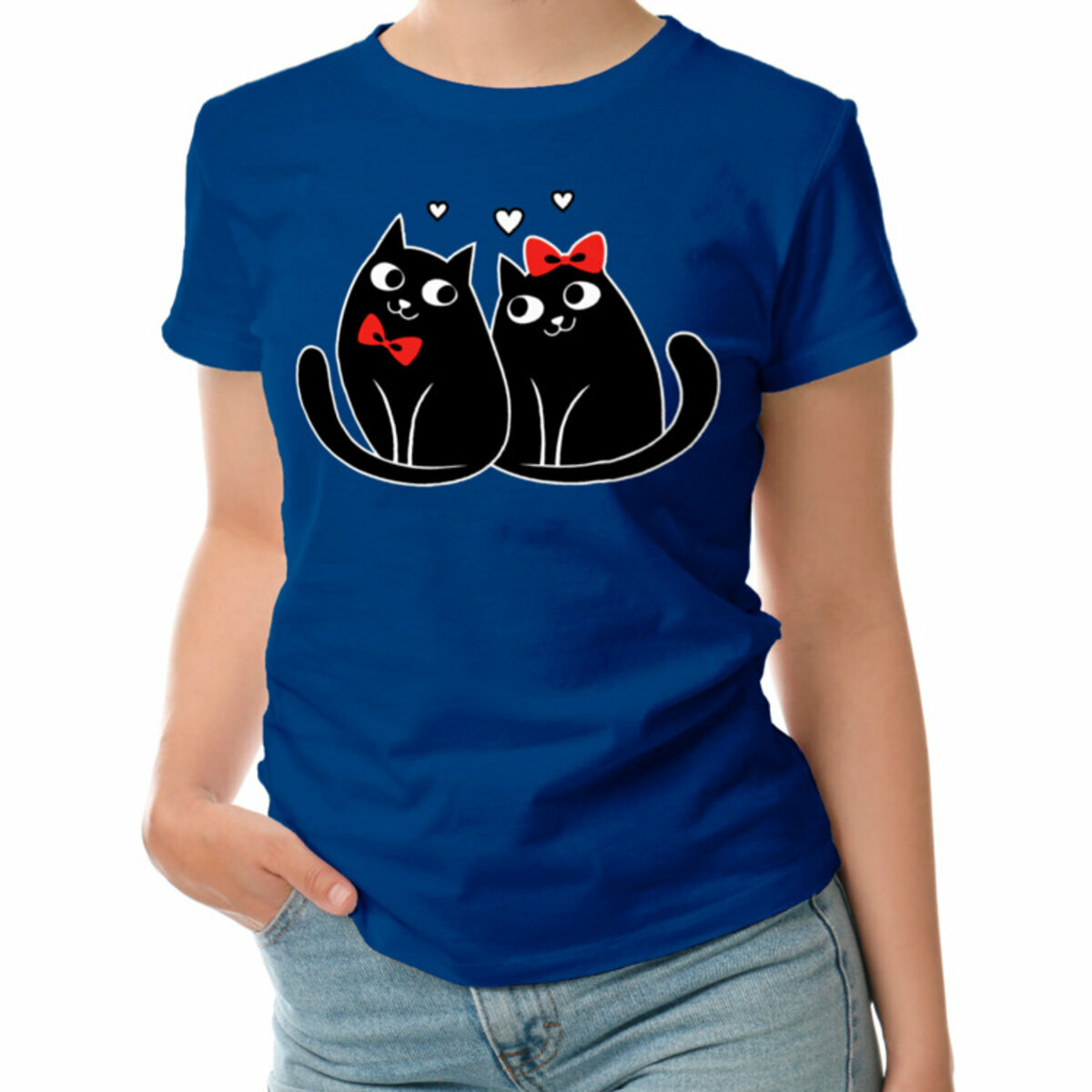 Женская футболка «Кот и кошка, любовь, сердце» (темно-синий, S)