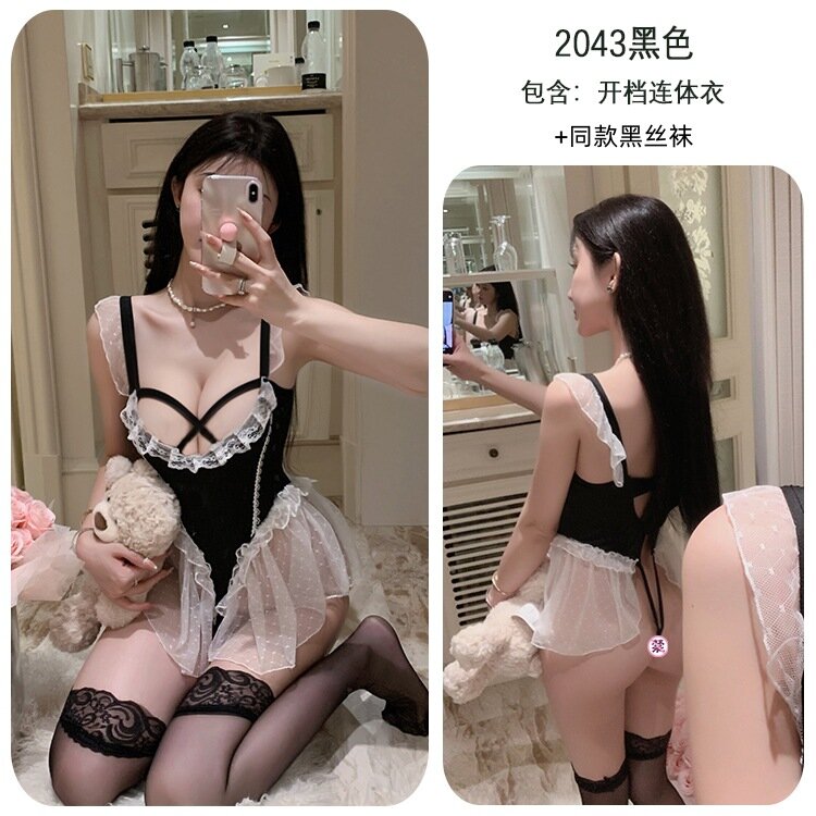 Длинное ночное сексуальное белье, французское кружево, однотонное платье, перекрестный сбор, сексуальное чистое желание, без снятия, однотонное 2043