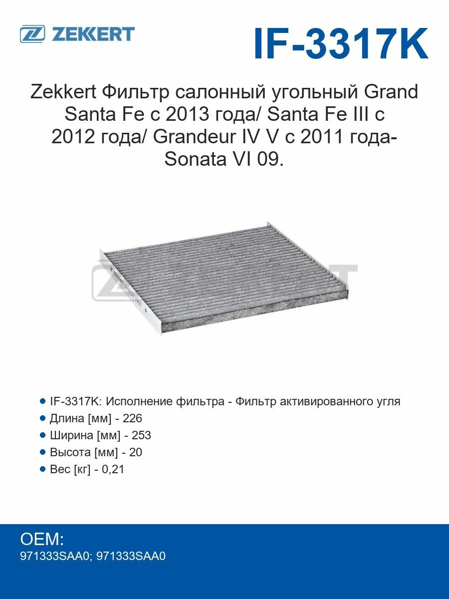 Zekkert Фильтр салонный угольный Grand Santa Fe с 2013 года/ Santa Fe III с 2012 года/ Grandeur IV V с 2011 года- Sonata VI 09.