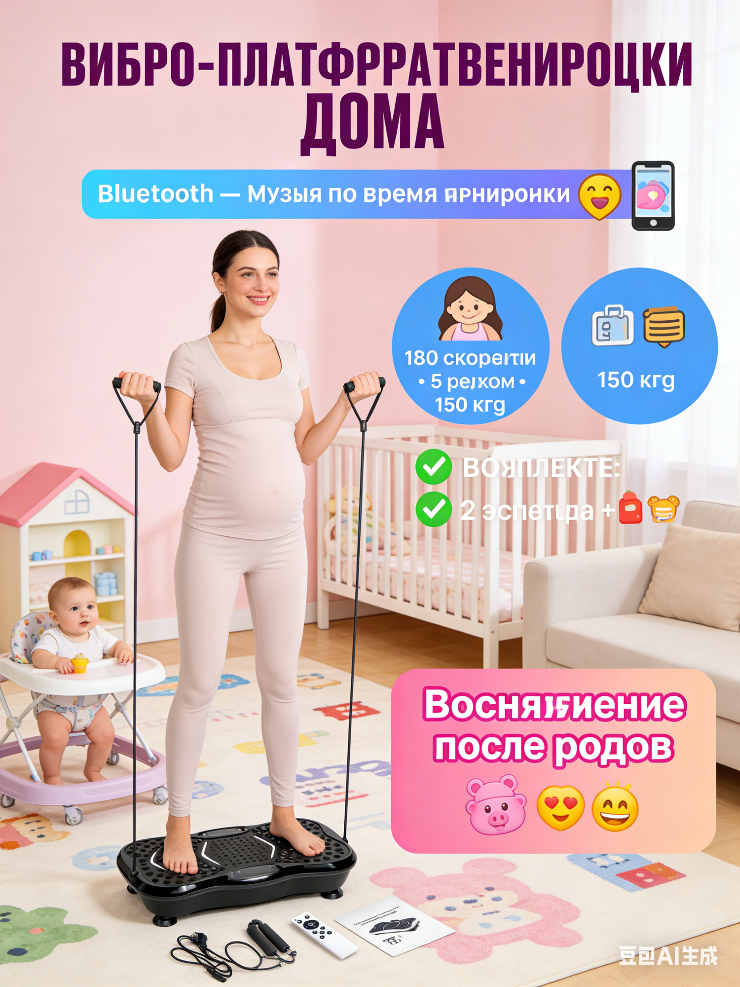 Виброплатформа для похудения, тренажёр для занятий дома, 99 скоростей, эспандеры 2 шт, черный с Bluetooth