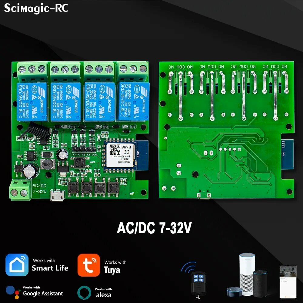 Tuya Умный WIFI 4-канальный релейный модуль (AC/DC 7-32V) для домашней автоматизации с поддержкой Alexa и Google Assistant