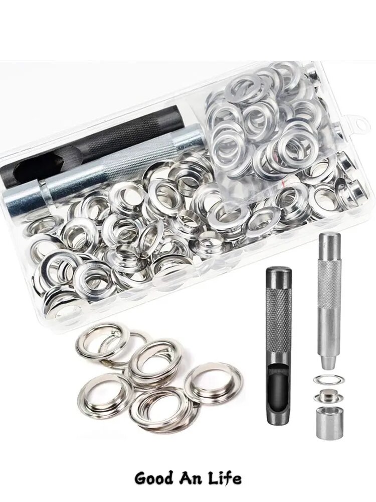 100 комплектов Люверсы, Серебристый, внутренний диаметр 10 мм. Железный материал, Используется для тканей, кожи, брезента, шторы