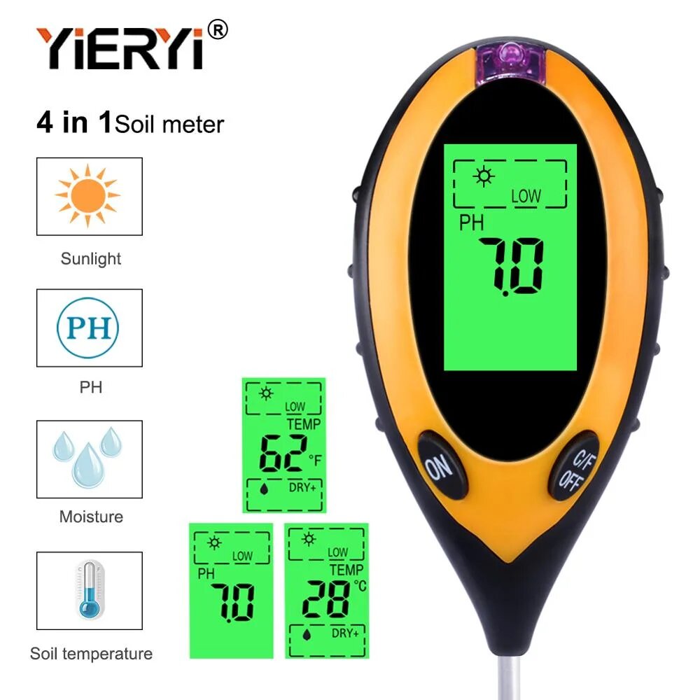 Yieryi 4 в 1 анализатор почвы, PH метр, влажность, температура, освещенность