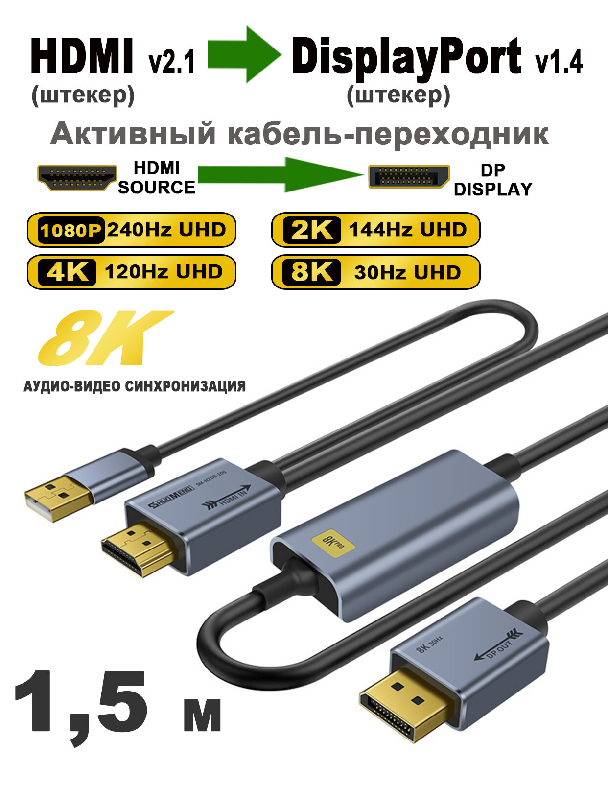 Активный кабель-переходник HDMI 2.1 DisplayPort 1.4 8K@30Hz, 4K@120Hz, 2K@144Hz Чип преобразования Питание от USB Односторонний
