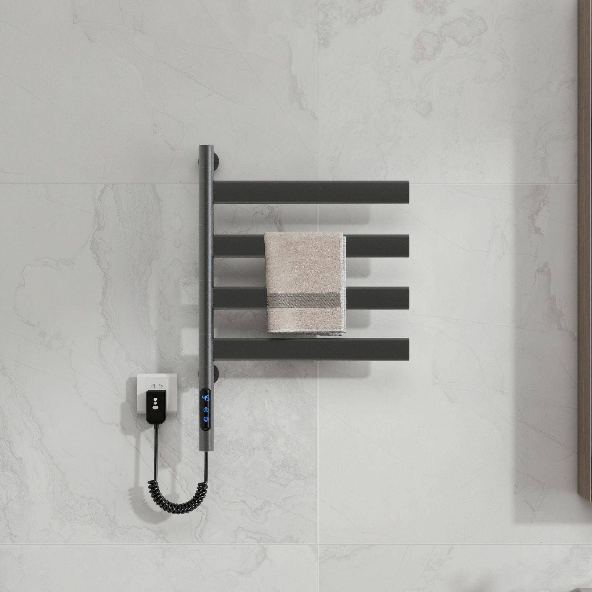 Космический алюминиевый умный электрический подогреваемый полотенцесушитель с постоянной температурой, вращающаяся стойка для хранения из нержавеющей стали без сверления