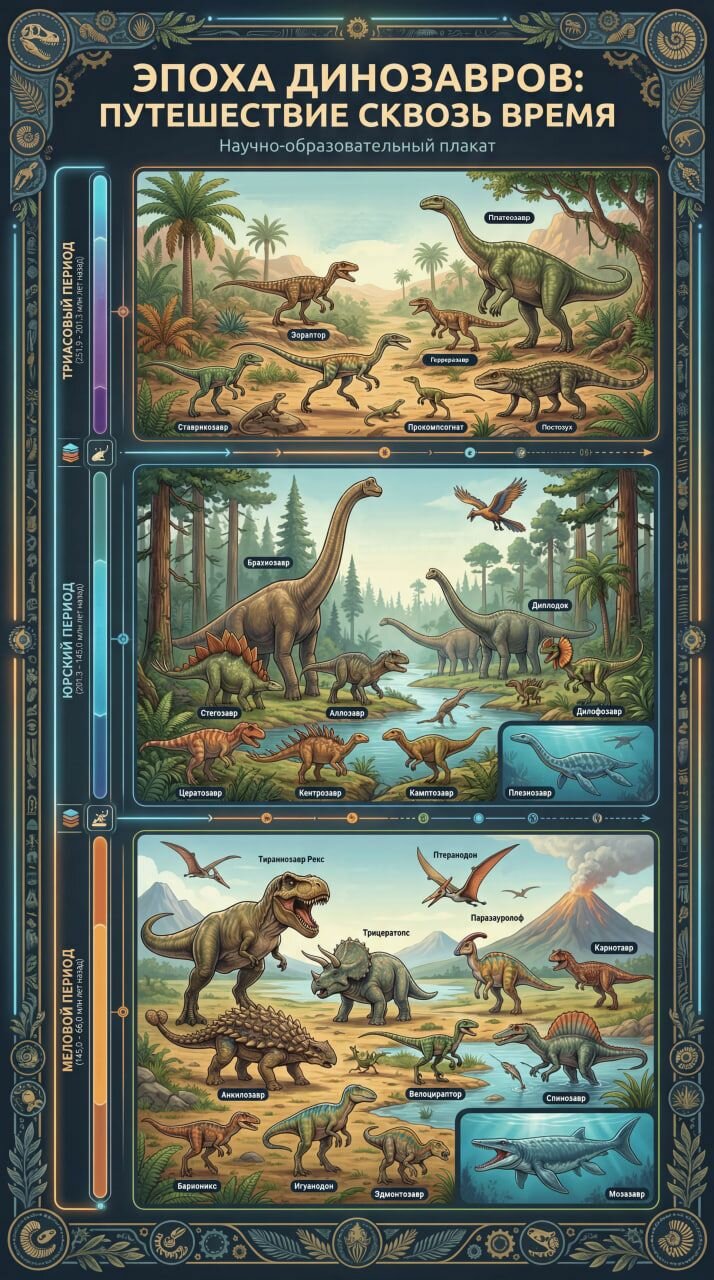 Постер "Эпоха динозавров" - 50x90 см - познавательный
