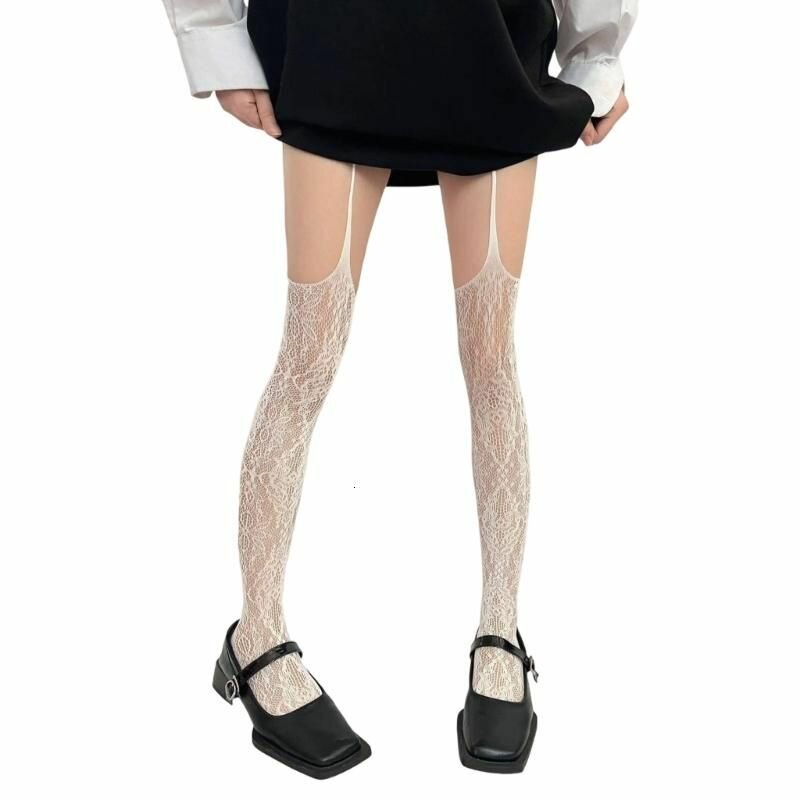 Чулки с подвязками и цветочным кружевом, Белый