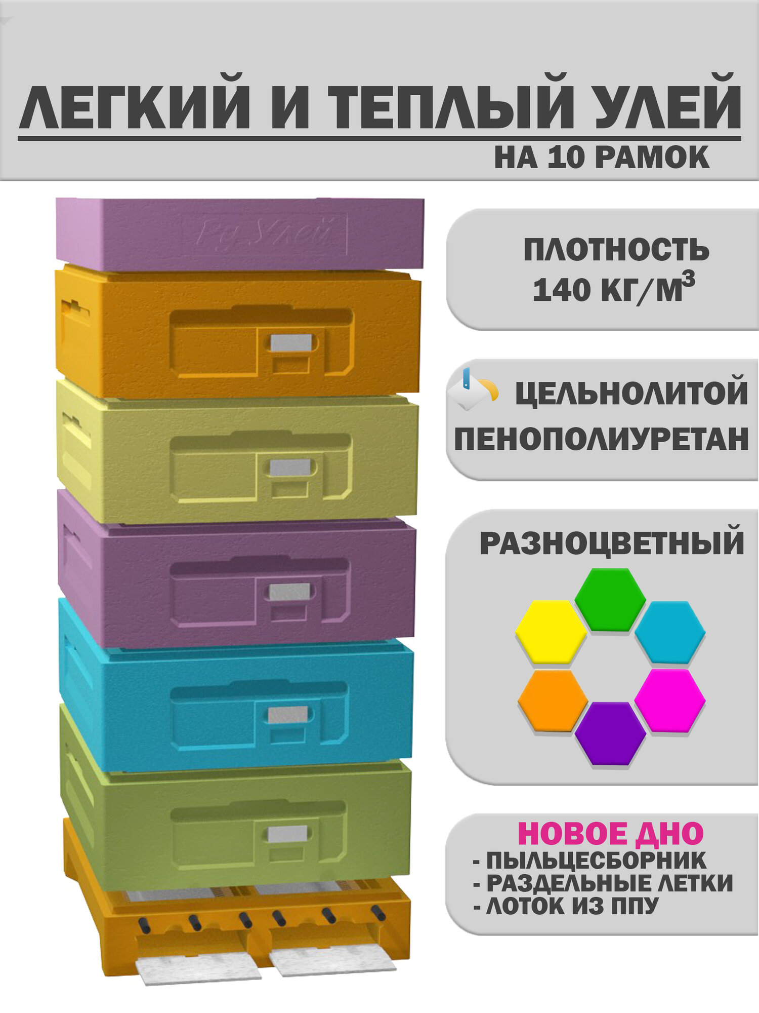 Улей для пчел ППУ 10 рамочный "Ру Улей", комплект 5 магазинов