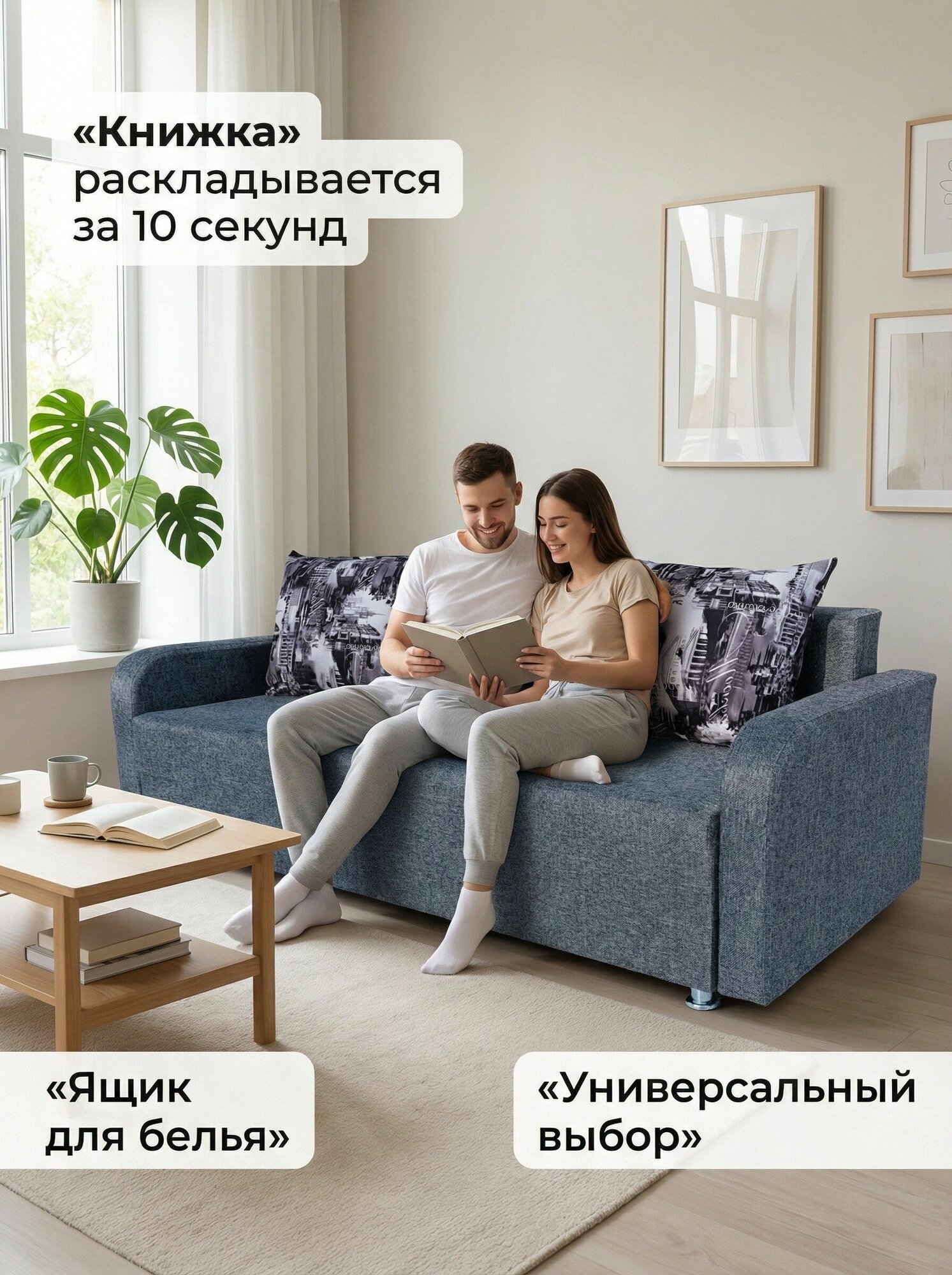 Диван-кровать Вектор еврокнижка, темно-серая рогожка, подушки принт Москва