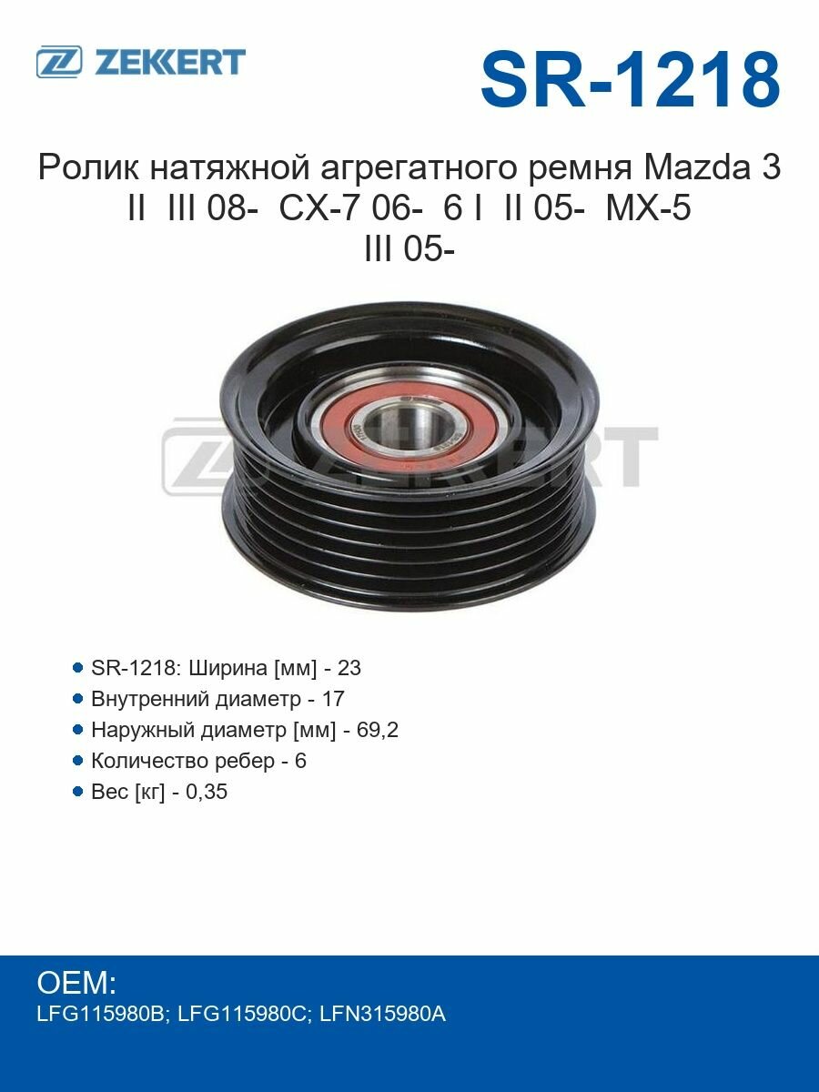 Zekkert Ролик натяжной агрегатного ремня Mazda 3 II III с 2008 года CX-7 с 2006 года 6 I II с 2005 года MX-5 III с 2005 года