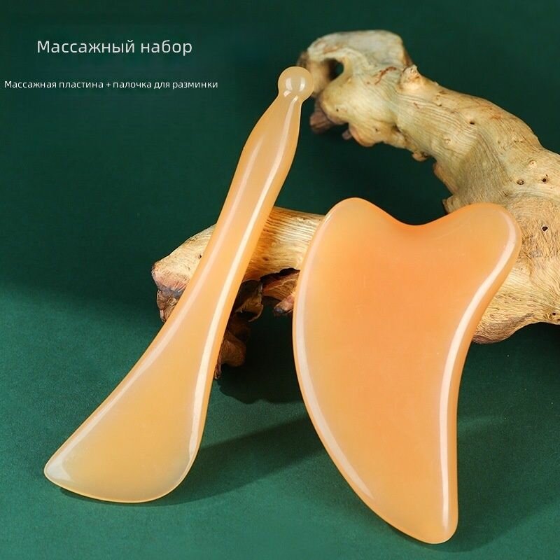 Набор для гуаша из натуральной роговой массы: скребок и ролик для лица и тела