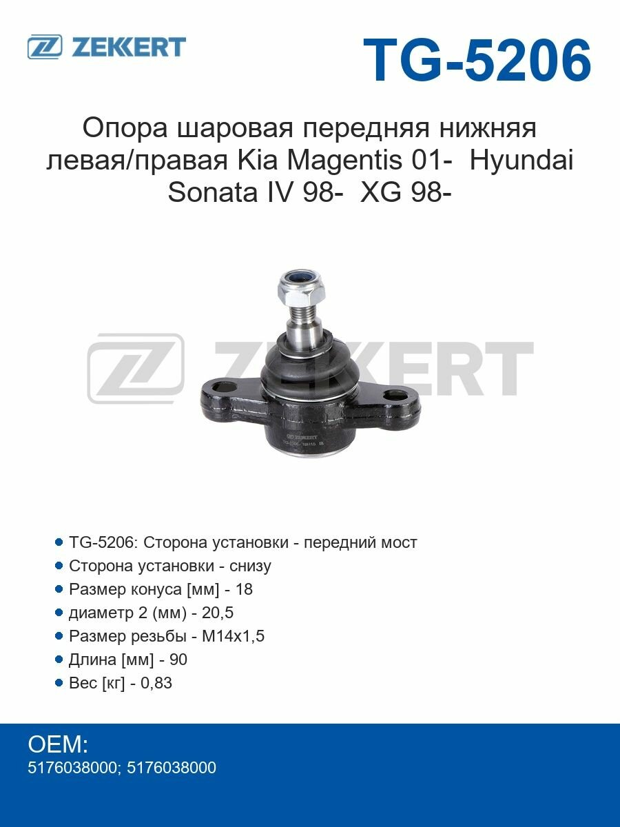 Zekkert Опора шаровая передняя нижняя левая/правая Hyundai Sonata IV с 1998 года XG с 1998 года Kia Magentis с 2001 года