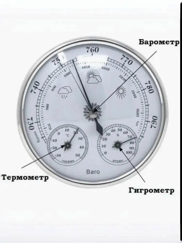 Барометр настенный с термометром и гигрометром , серебристый