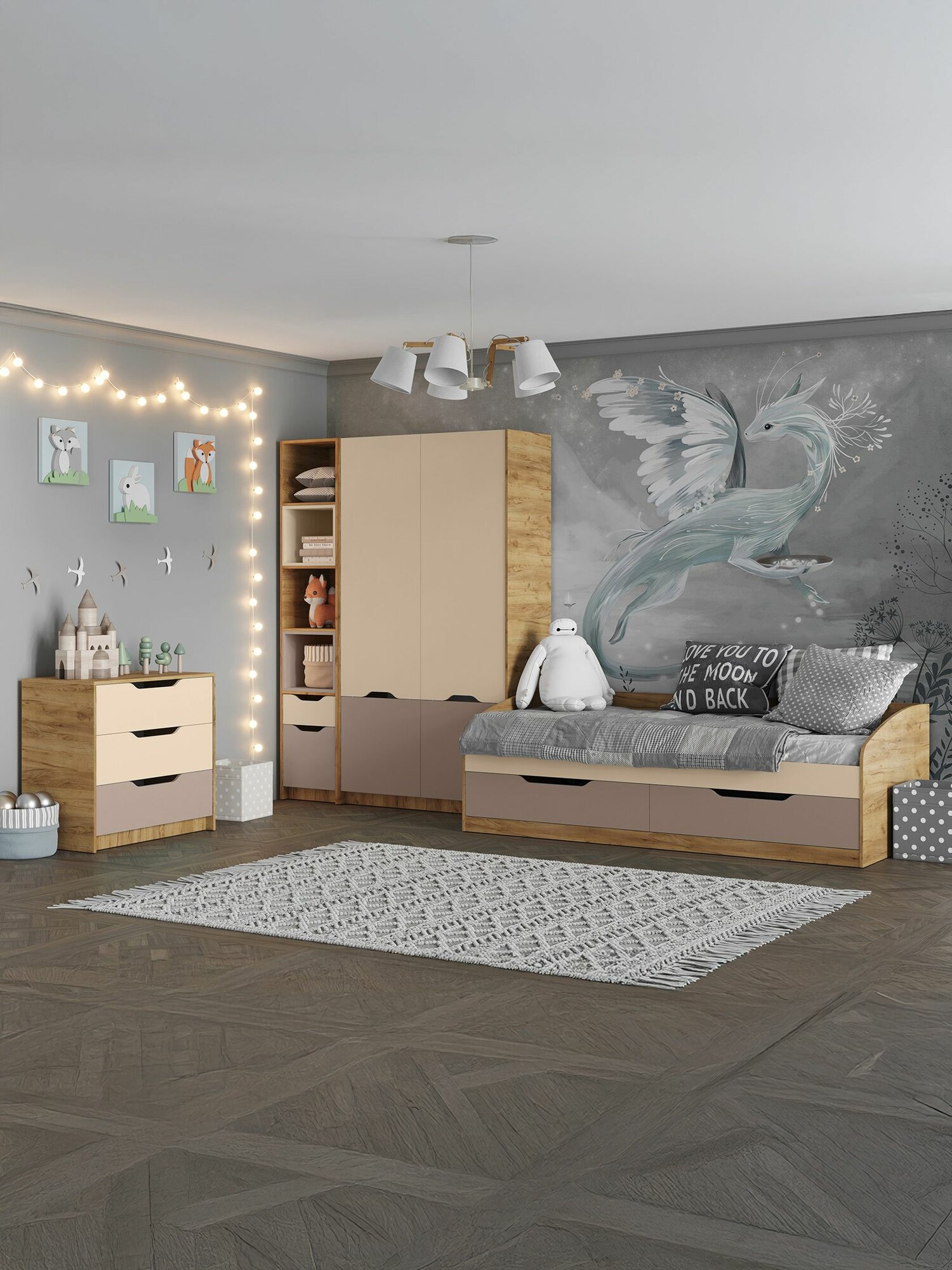 Комплект детской мебели Лео Стандарт кровать, стеллаж, комод, шкаф, Дуб Крафт золотой / Миндаль / Глиняный серый