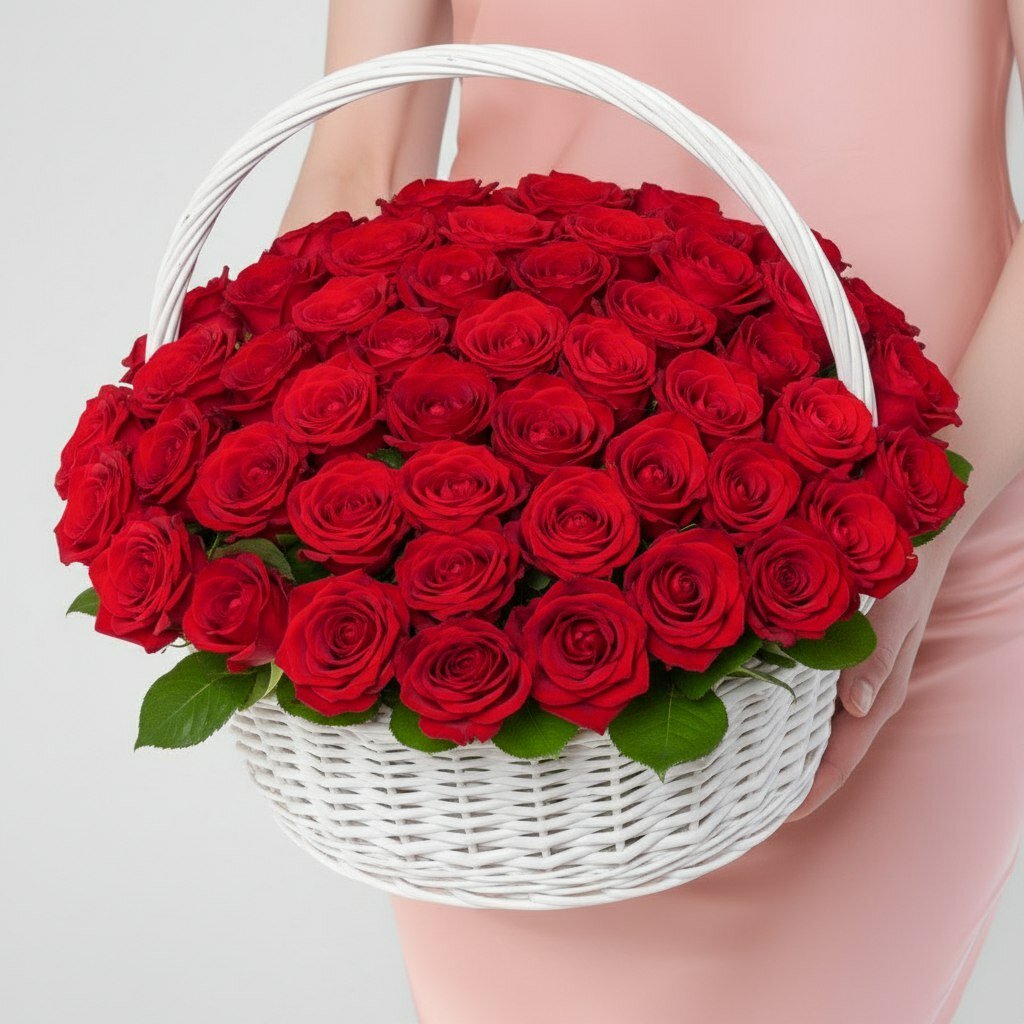 Букет Мегацвет24 "Ред Наоми", 51 шт, красные розы, в корзине