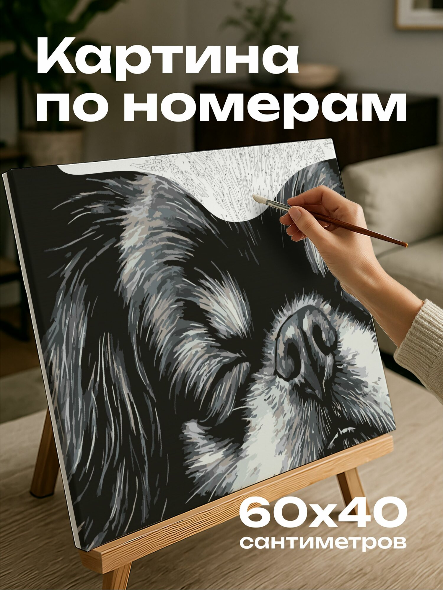 Картина по номерам 60x40 см, пекинес, уголь, рисунок, штрихи, детали, счастье, благополучие, мирный, очаровательный