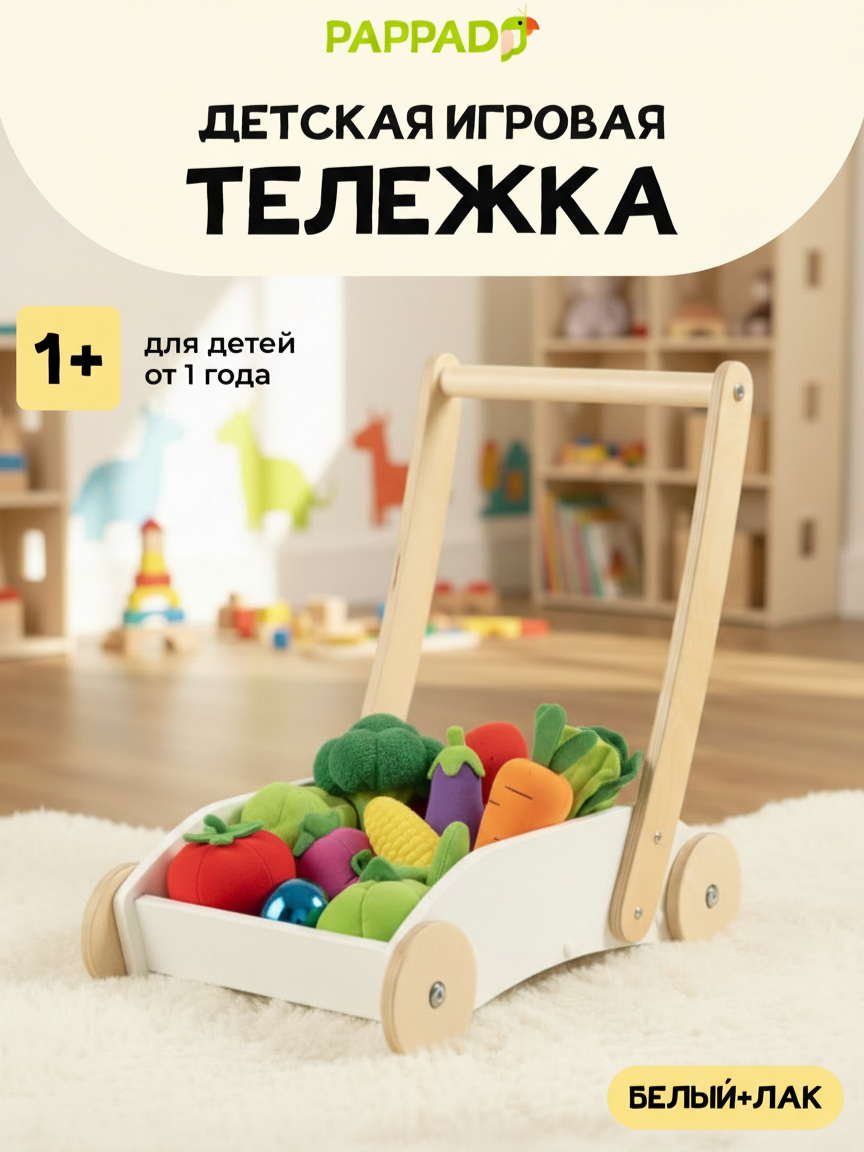 Детская игровая тележка "каталка" от "Pappado", цвет белый + лак