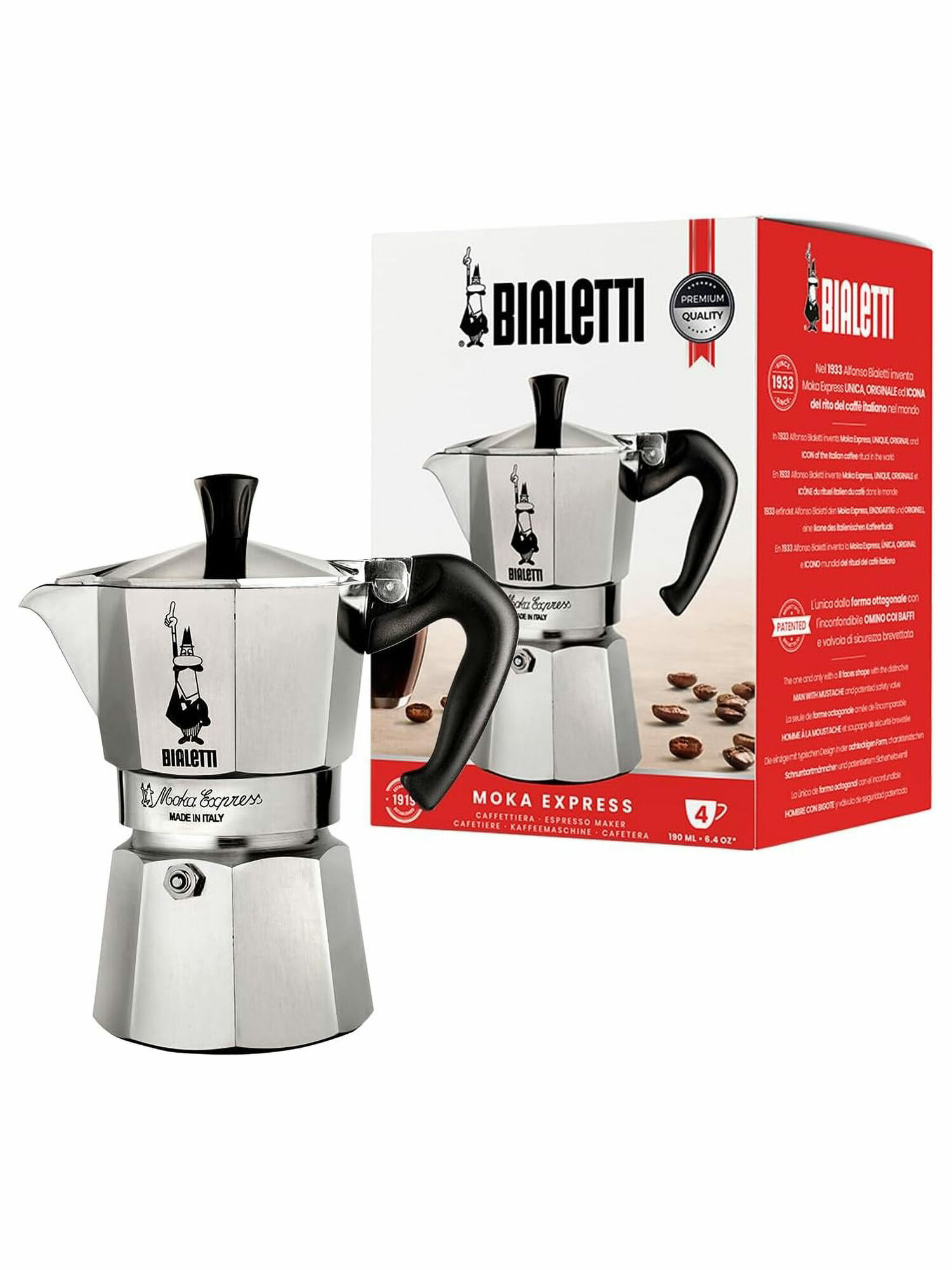 Гейзерная кофеварка Bialetti Moka Express металлик, на 4 чашки, 190 мл