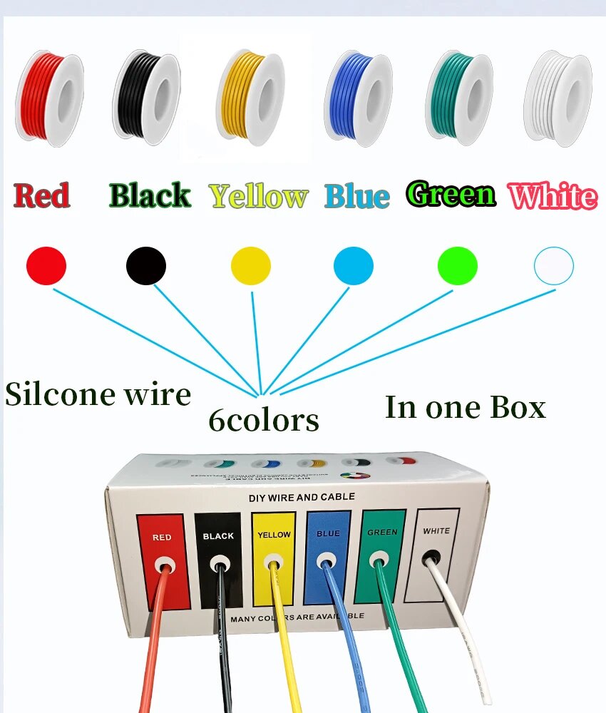 Силиконовые провода 6 цветов, 6x10м, 20 AWG