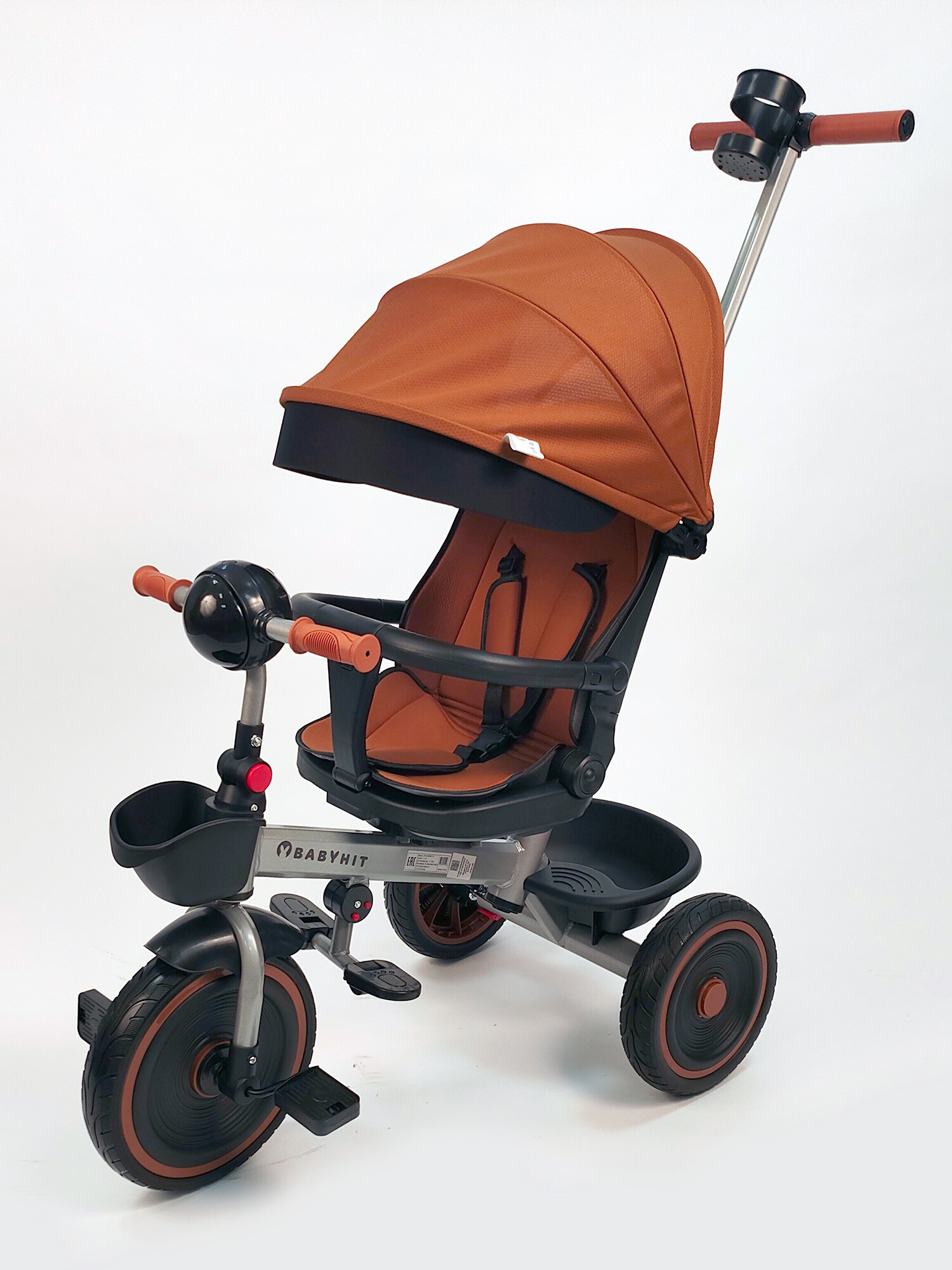 Велосипед-Коляска BabyHit Kidway GT, 3 колеса, для детей от 1.5 лет, трехколесный, с ручкой, коричневый