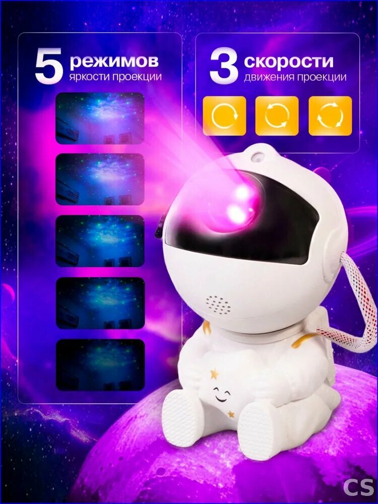 Ночник проектор Космонавт Звездное небо 12 режимов работы RGB, питание от USB, настольный, 360 градусов, с пультом — фото 1