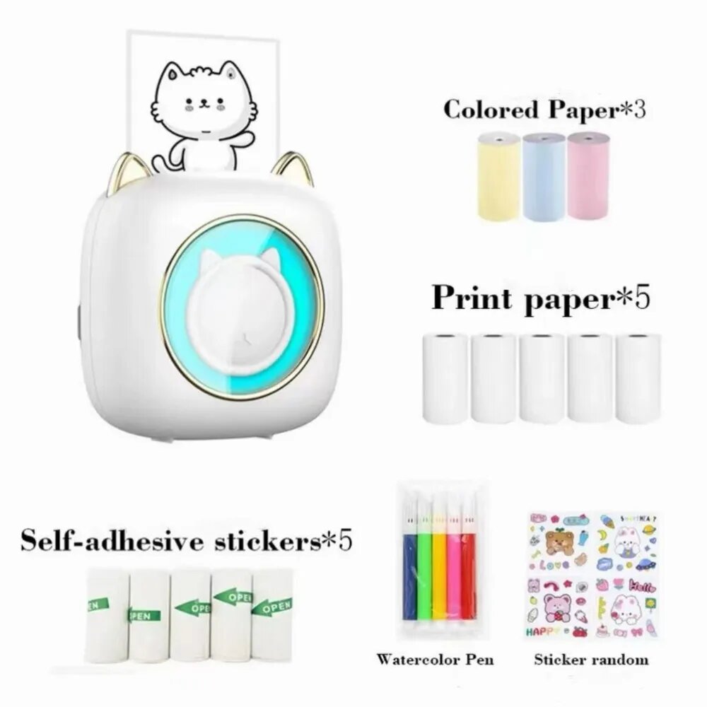 Мини-принтер термотрансферный, Монохромный для печати с телефона, Bluetooth, с комплектом бумаги