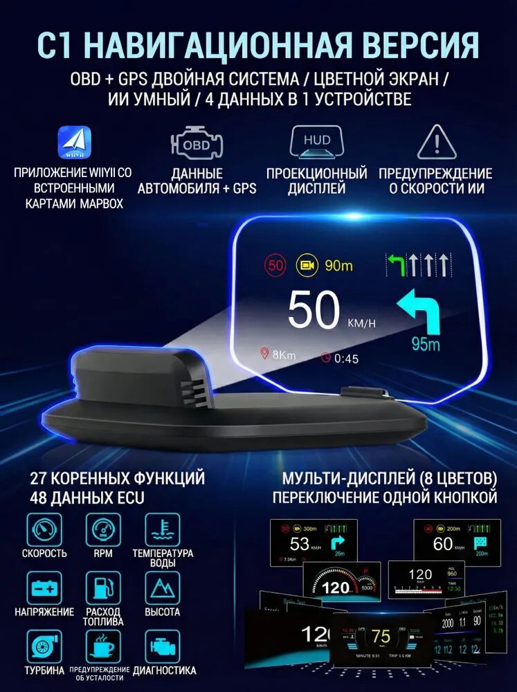 5,1" Автомобильный HUD Проектор Скорости с Навигацией и OBD GPS ГУ
