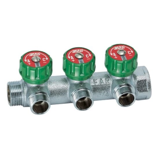 Коллектор Far 1" (ВР-НР) с 3 отв. 3/4"EU с вставкой под плоское уплотнение