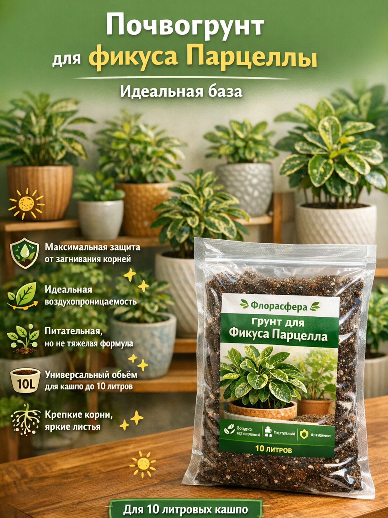 Почвогрунт БиоБаза для фикуса Парцелла для кашпо до 10л премиум грунт