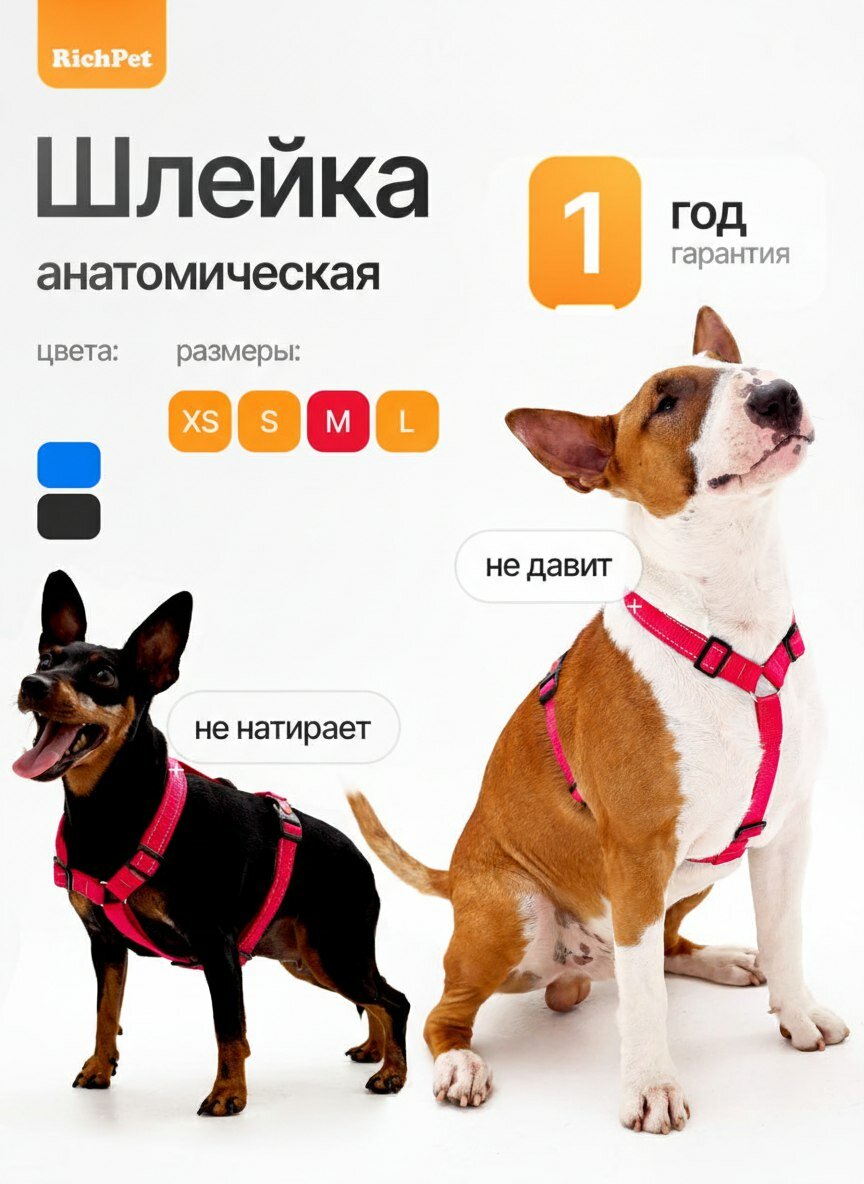 Шлейка для собак средних и крупных пород RichPet, цвет красный, размер М