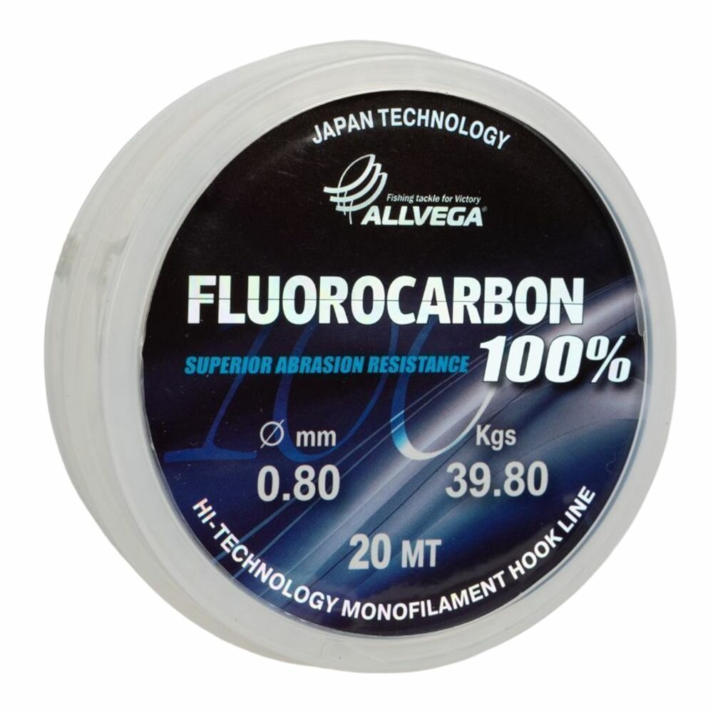Леска флюрокарбон 100% фирма ALLVEGA, длина 20м, диаметр d-0.80мм, нагрузка 39.8кг
