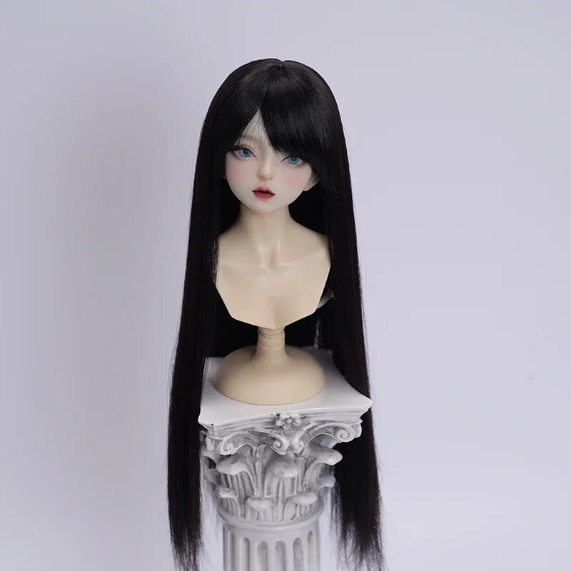 Парик для куклы BJD, черный, длинные прямые волосы с челкой, 17.5-19см
