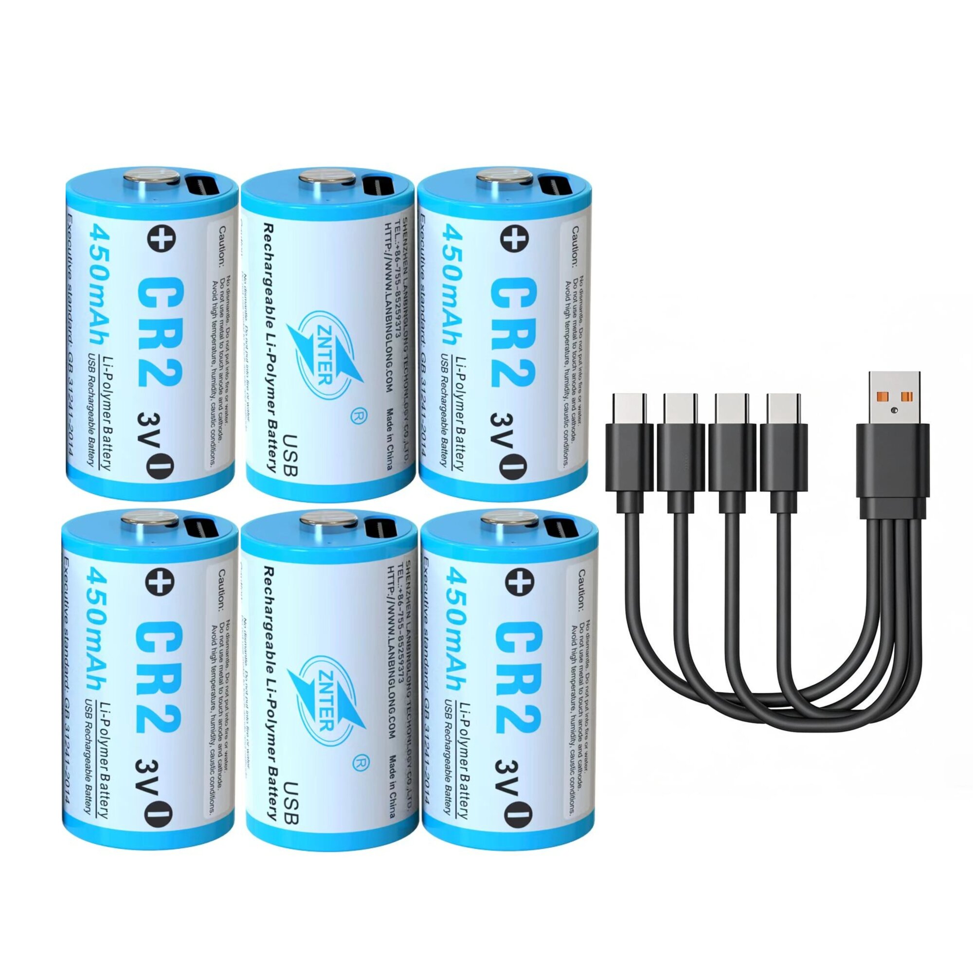 Зарядная батарея 3V CR2 450 мАч литий-полимерная с прямым зарядом по USB, долговечная энергия, экологически безопасная для фотокамеры, счетчика, дымового сигнализатора - 6 батарей, 1 кабель