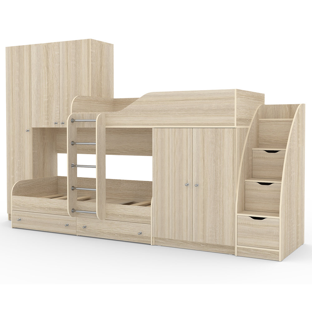 Двухъярусная кровать Лео с лестницей комодом Дуб Сонома Дуб Сонома