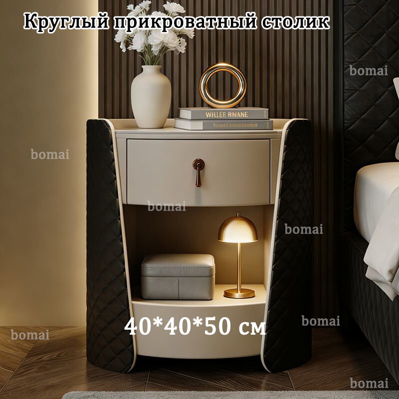 Круглая тумба прикроватная из кожи, столешница из керамогранита, 40x40x50 см, спальня, современный дизайн