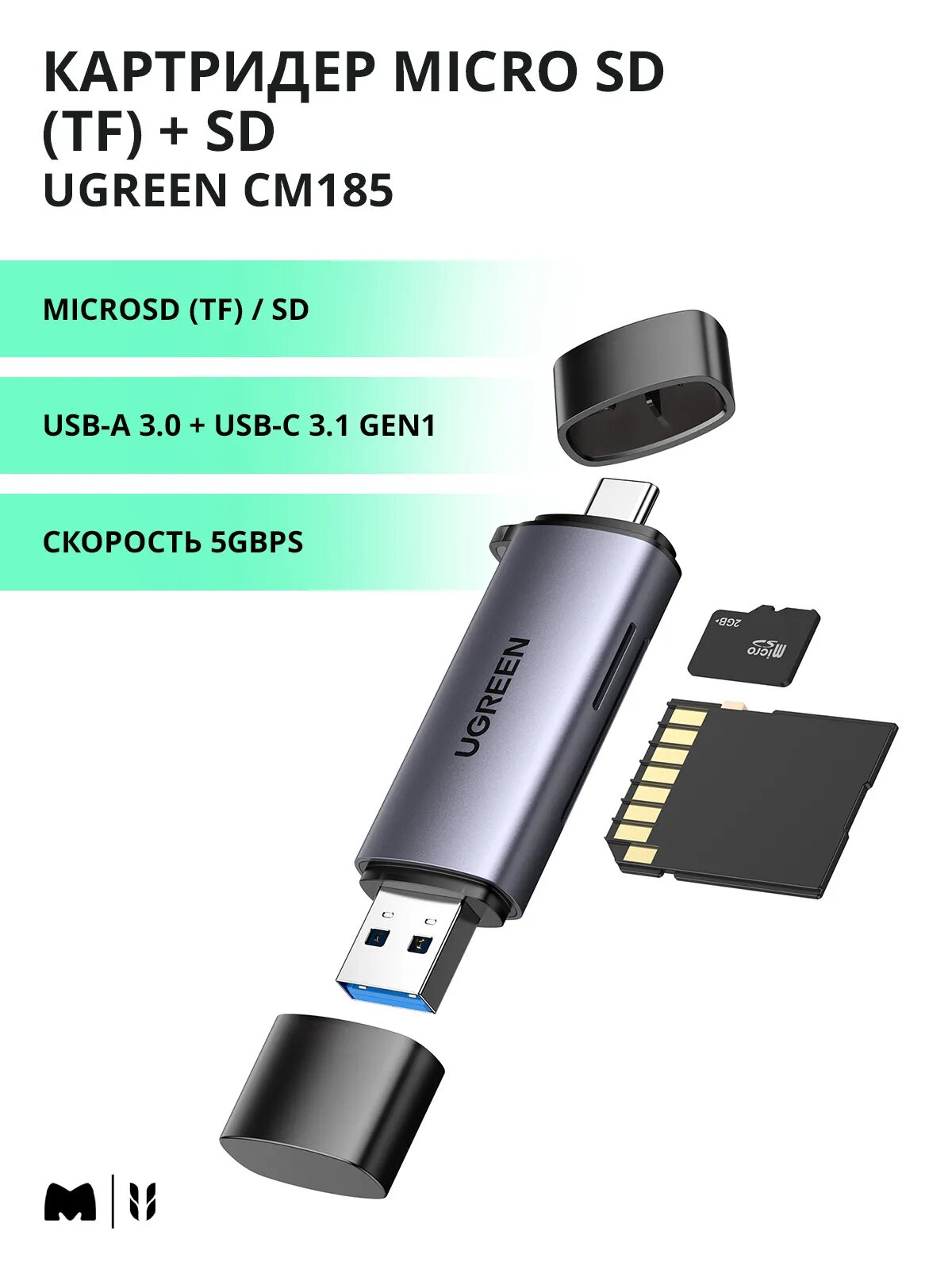 UGREEN. Кардридер USB-C + USB-A 3.0 для карт памяти TF/SD (50706)