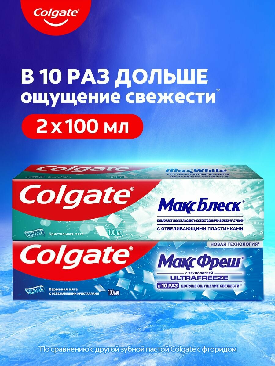 Зубная паста Colgate Макс Фреш Взрывная мята 100 мл и Макс Блеск Кристальная мята с отбеливающими пластинками 100 мл (2шт в наборе)