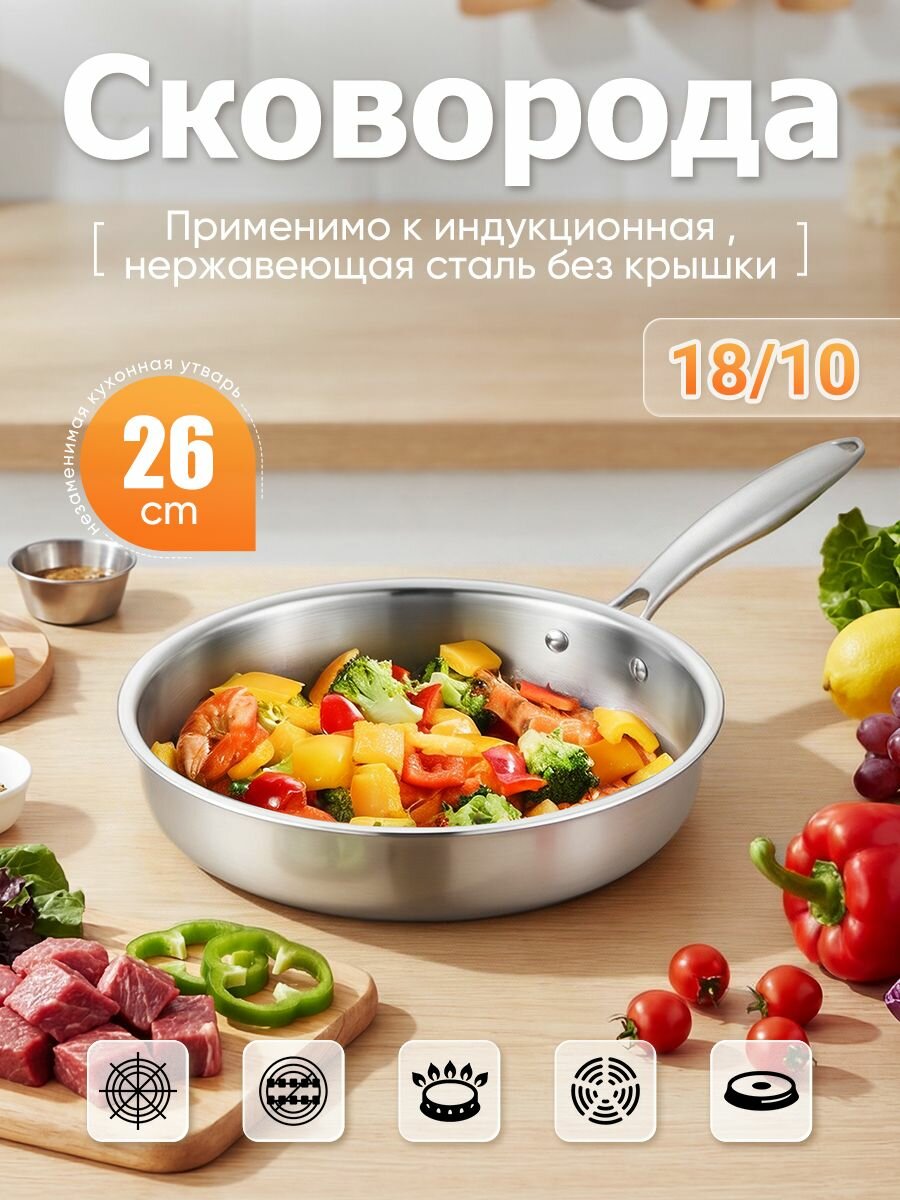 Сковорода-вок из нержавеющей стали 26 см