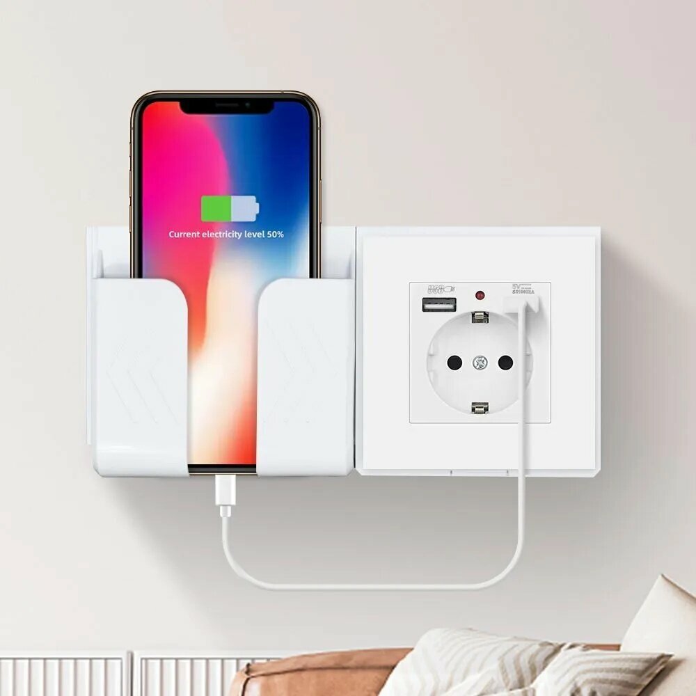 Встраиваемая розетка с двумя USB портами, с электрической розеткой VISWE,+ подставка под смартфон, белый