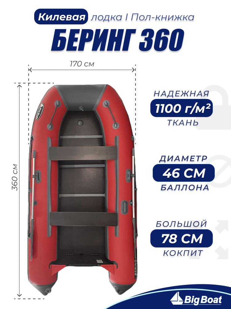 Надувная, под мотор, килевая лодка из ПВХ для рыбалки Bering (Беринг) 360К пол-книжка