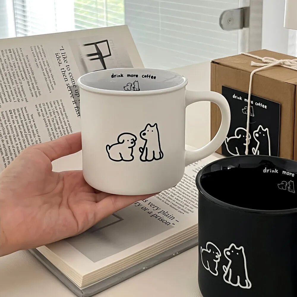 Кружка с принтом "drink more coffee" и милыми собаками, 350 мл, керамика, кремовый