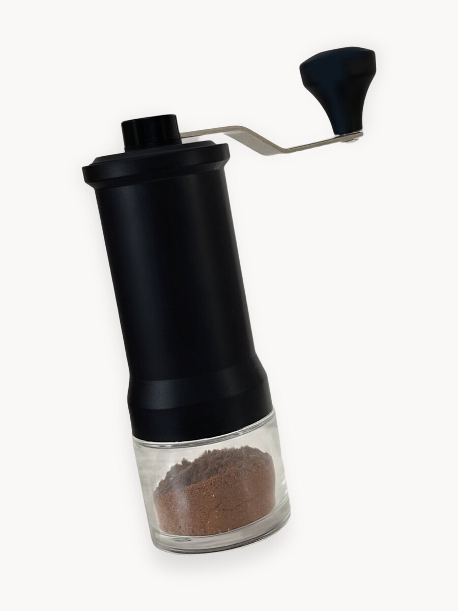 Кофемолка, пластик/стекло/сталь, ручная, жерновая, 1 порция, черная