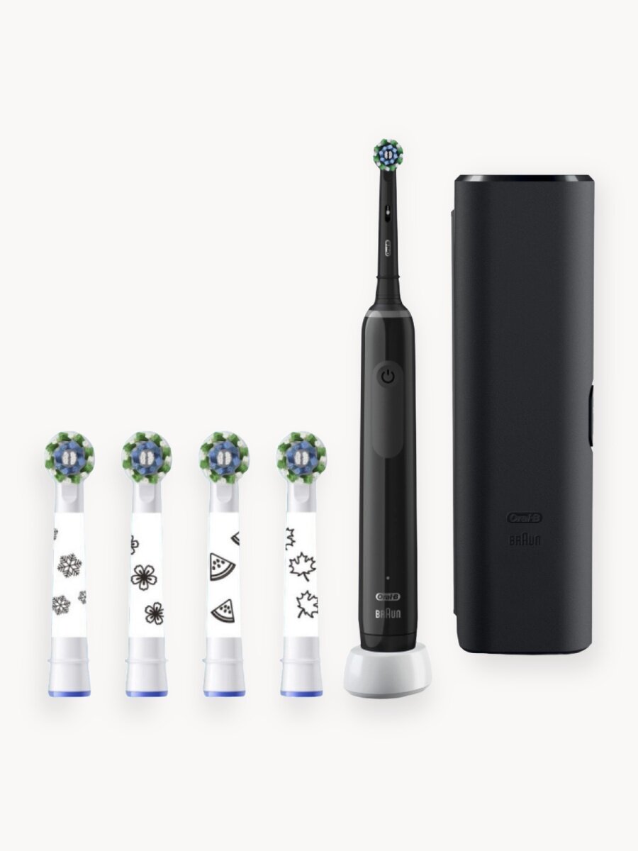 Подарочный набор электрическая зубная щетка Oral-B Pro 3 черная, дополнительные насадки Oral-B 4 шт, стикеры для насадок