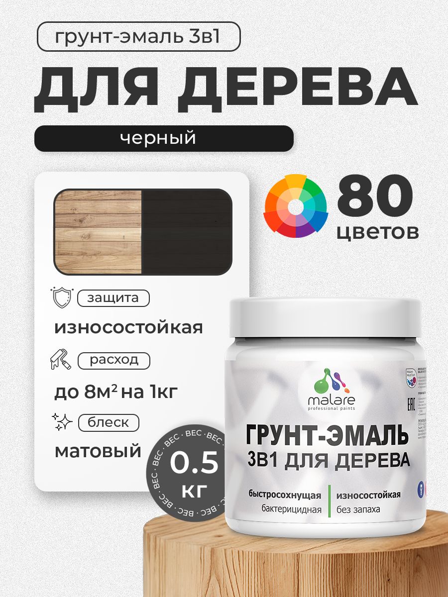 Акриловая Грунт-Эмаль 3 в 1 Malare для деревянных поверхностей/ краска по дереву с антисептическим эффектом/ быстросохнущая моющаяся без запаха матовая, черный, 0.5 кг